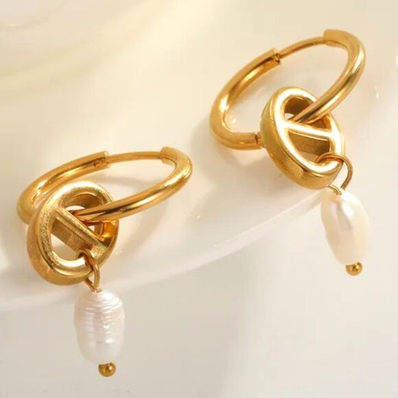Jewelry | 18k Gold Dip Huggie Hoop W Oval Pendant Gold Statement ...